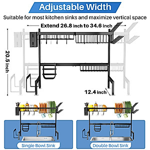 SNTD Over The Sink Dish Drying Rack, Width Adjustable (26.8" to 34.6") 2 Tier Dish Rack Drainer for Kitchen Counter Organization and Storage, Utensil Sponge Holder Sink Caddy Dryer Rack Black