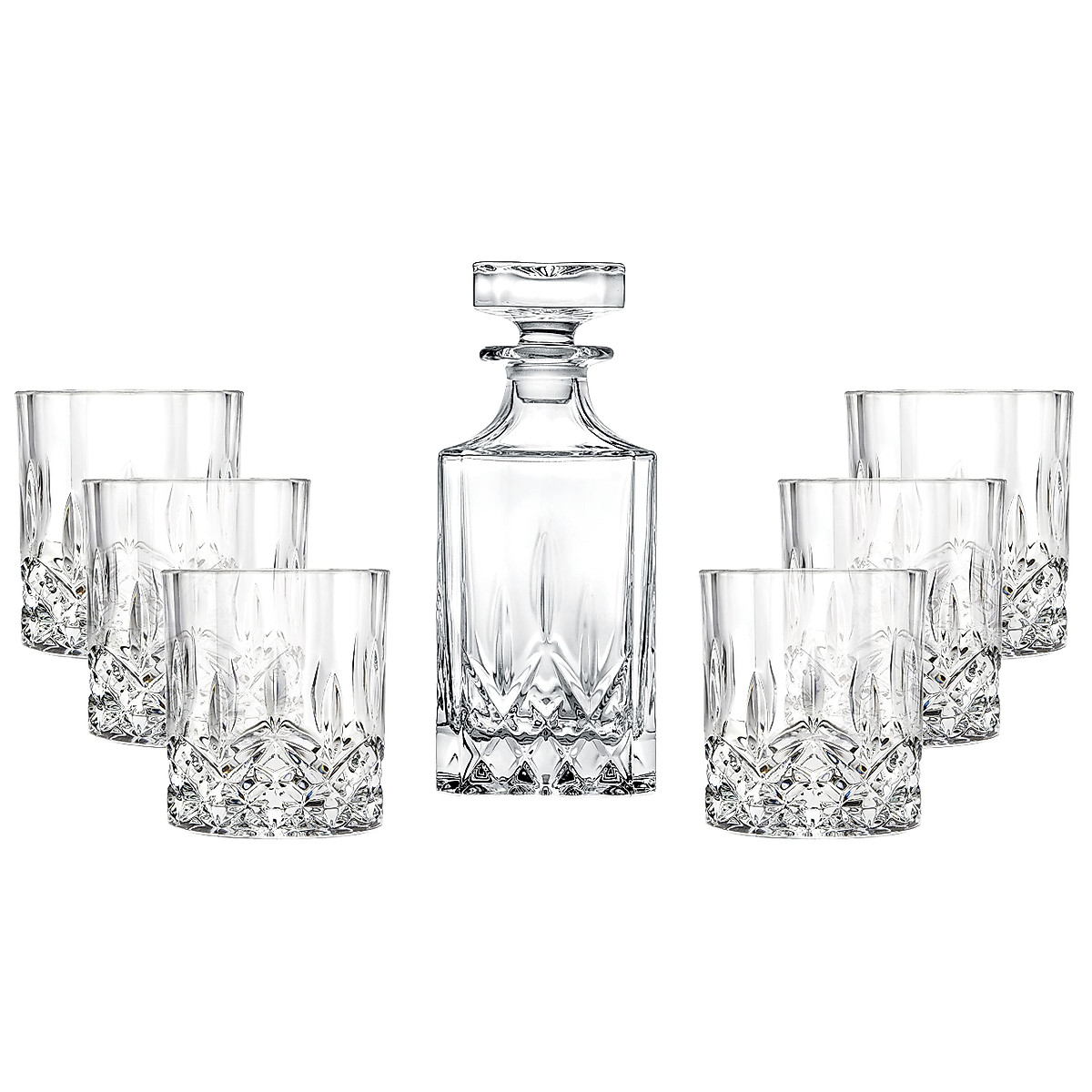 Whiskey Decanter and Tumbler 7 pc Set - Glass - For Whiskey, Liquor, Scotch, Bourbon - 25 oz. Square Decanter with 6-10 oz. Double Old Fashioned Tumblers- By Barski - Made in Europe