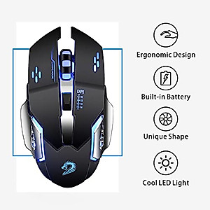 Uciefy T85 Rechargeable Wireless Mouse, 2.4G Ergonomic Silent Gaming Mice Portable Optical with USB Receiver, 3 Adjustable DPI, 6 Buttons LED Lights for Laptop/PC/Chromebook (Black)