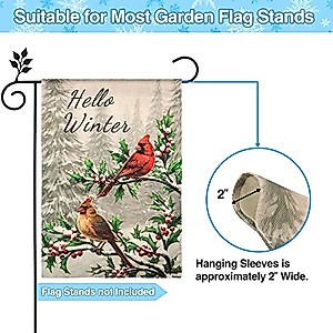 HOSCAPE Winter Cardinal Bird Garden Flag12x18 Inch, Vertical Double Sided Hello Winter Garden Flag, Red Bird Holly Berry Branches Snow Holiday Outside Decorations Burlap Yard Flag Banners