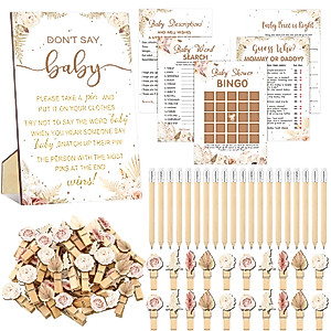 Patelai 321 Pcs Baby Shower Games Supplies, 5 Sets (50 Cards Each) Activities Cards with 20 Pencils 1 Don't Say Baby Sign 50 Clothespin(Boho Pampas Grass)