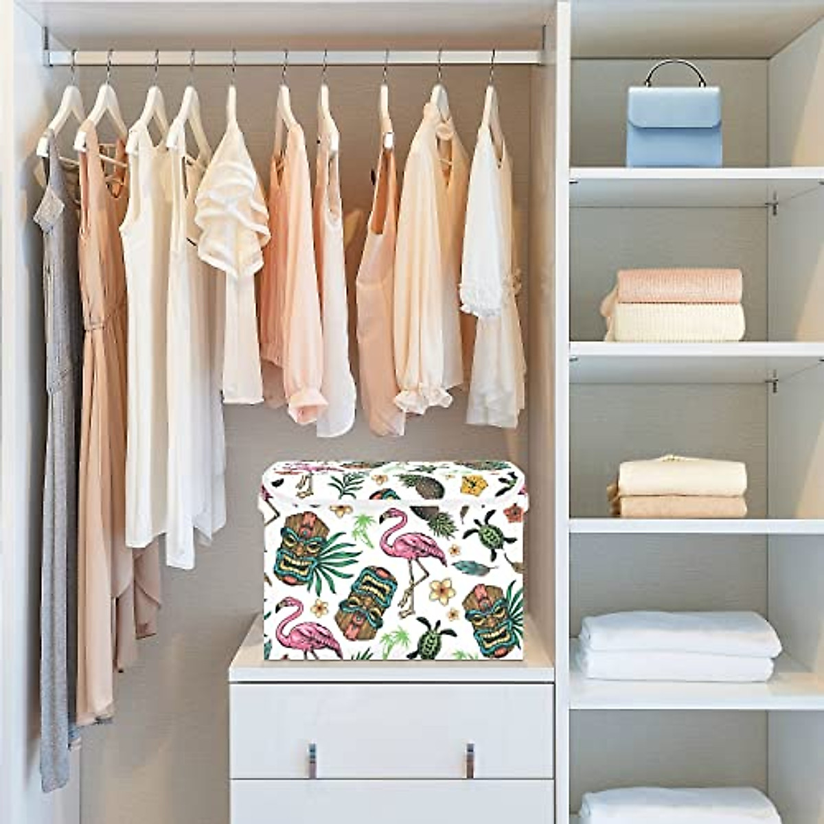 CaTaKu Ethnic Flamingo Turtle Storage Bins with Lids and Handles, Fabric Large Storage Container Cube Basket with Lid Decorative Storage Boxes for Organizing Clothes