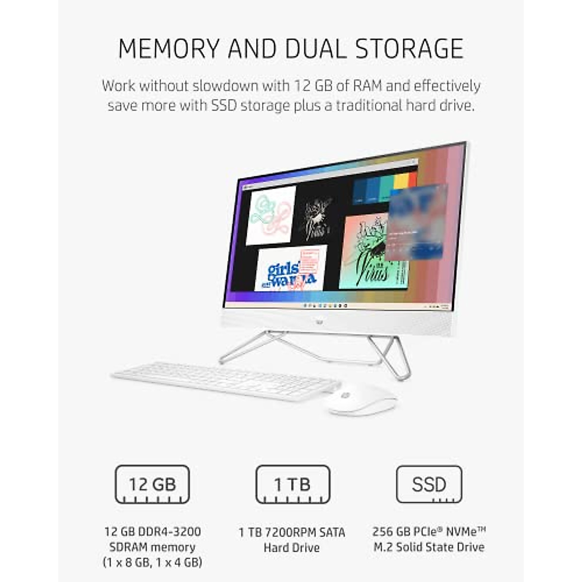HP 27” All-in-One Desktop PC, AMD Ryzen 7 5700U, 12 GB RAM, 256 GB SSD & 1 TB Hard Drive, Full HD IPS Display, Windows 11 Pro, 720p Privacy Webcam, Dual Mics, Keyboard and Mouse (27-CB0052, 2022)