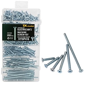 T.K.Excellent Flat Head Phillips #6-32 Electrician's Machine Screw Kit,370 Pcs Assorted Screws, Wall Plate Screws, Outlet Screws