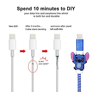 DIY Protector Stitch Set,Data Cable 20W USB Charger Data Line Earphone Cartoon Decoration Wire Saver Protector Compatible for iPhone 11 12 13 Plus Max Series (Stitch)