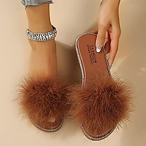 Slide Slippers Women Ladies Fashion Multi Color Plush Rhinestone Decorative Flat Open Toe Beach Slippers (Brown, 6.5)