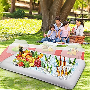 Large Inflatable Serving Bar Kit 1+4Pcs, Luxiv Salad Food Drinks Tray for Picnic Pool Cooler Ice Buffet Party Camping Inflatable Salad Serving Trays with Drain Plug, Large Food Mesh Cover, Inflator…