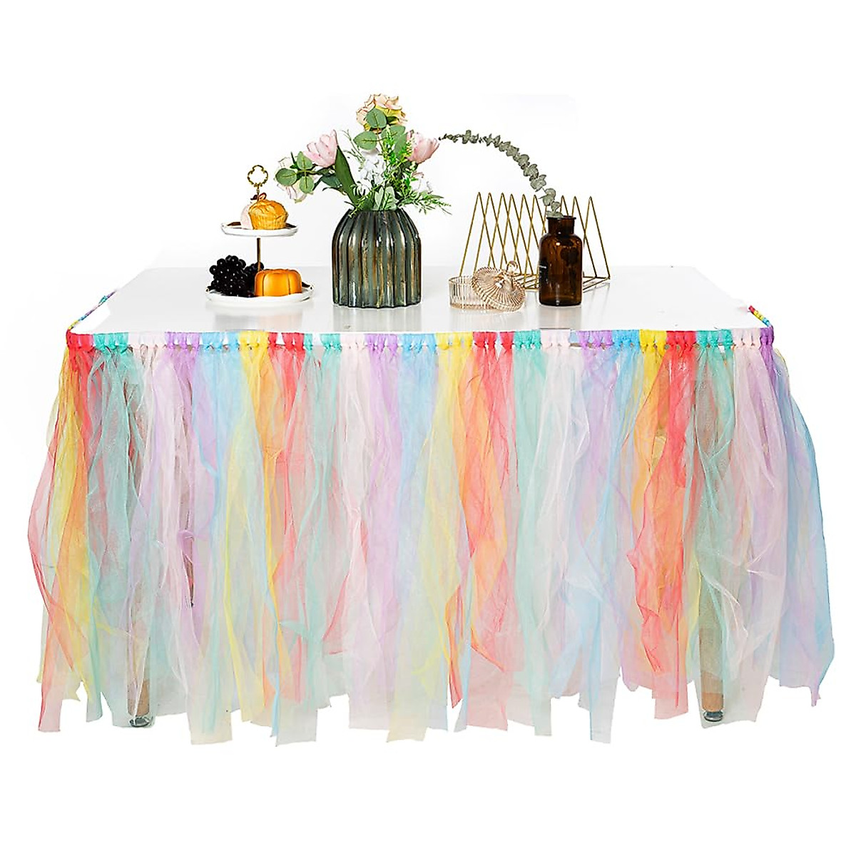 Rainbow Tutu Table Skirt 6ft for Round Retangle Table Tassels Tulle Table Skirting for Birthday Wedding Party Decoration