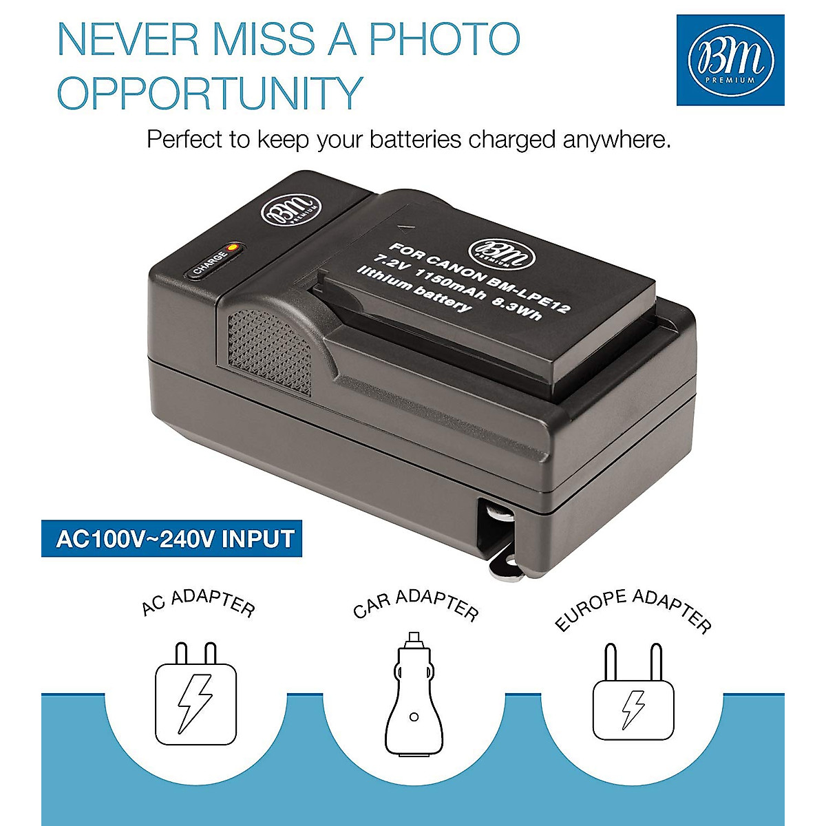 BM Premium LP-E12 Battery and Charger Kit for Canon EOS-M, EOS M2, EOS M10, EOS M50, EOS M50 Mark II, EOS M100, EOS M200, SX70 HS, Rebel SL1 Cameras