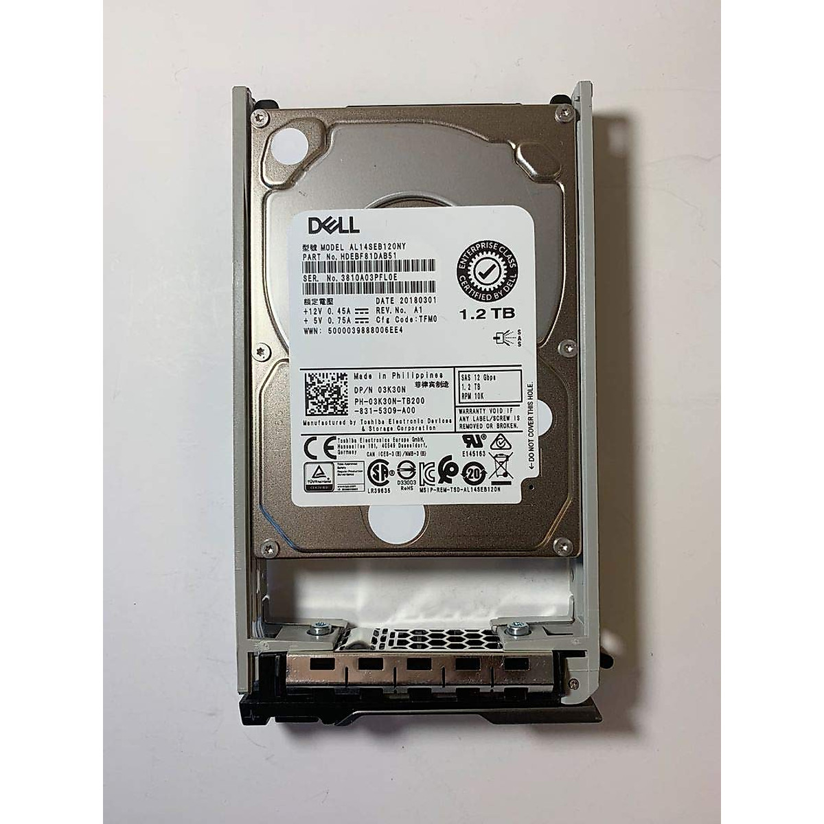Toshiba 1.2TB HDD 10K RPM 2.5" 12Gb/s SAS Hard Disk Drive Model: AL14SEB120NY DP/N: 3K30N