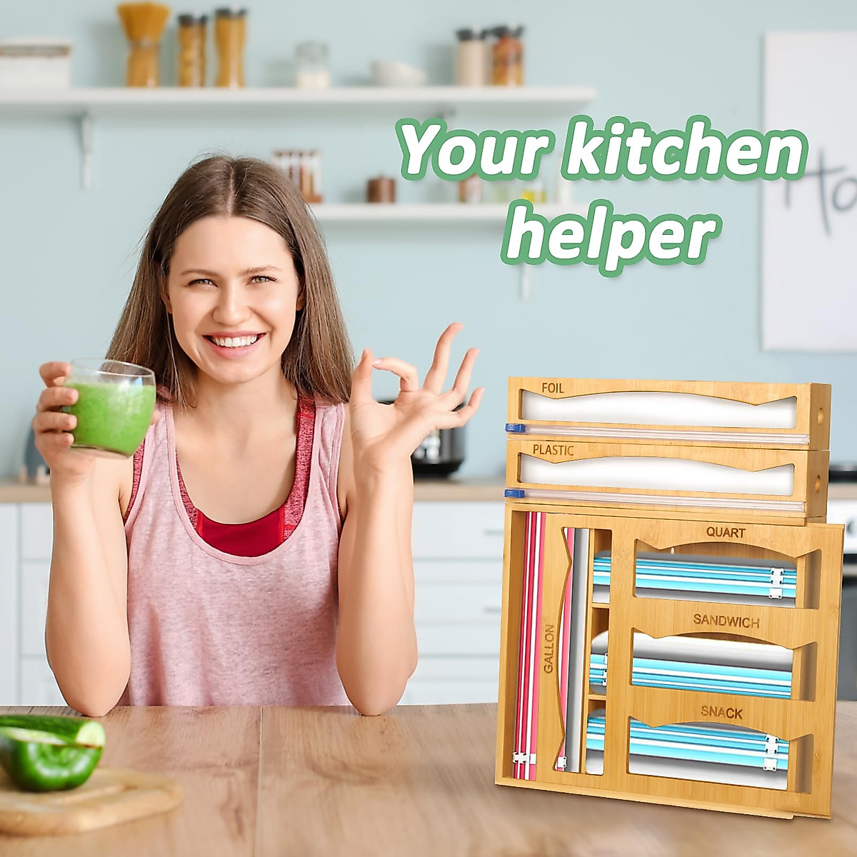 6 in 1 Plastic Bag Organizer with mag Foil and Saran Wrap Dispenser With Cutter For Kitchen Drawer- Bamboo Food Storage Organizer Perfect For Plastic Ziploc，Gallon，Quart Variety Size Bags & 12” Rolls