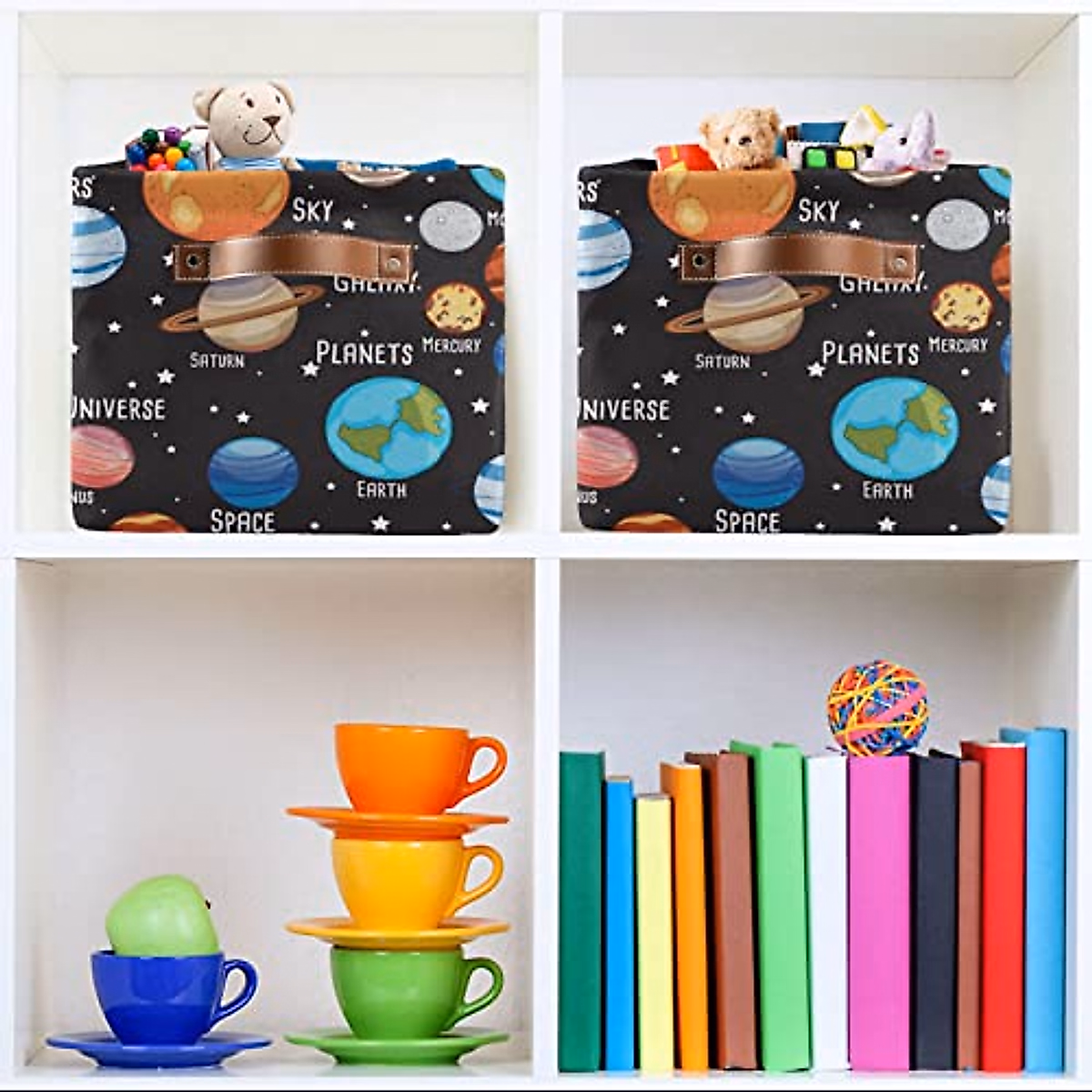 Kigai Solar System Storage Basket Collapsible Rectangle Storage Bin Shelves Basket Organizer with Leather Handle for Closet, Office, Nursery, Home Decor