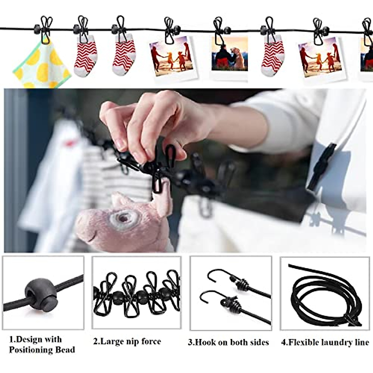 XINHUISHQZ Portable Clothesline with 12 Clothespins, Windproof Travel Clothesline Stretchy Retractable Elastic Laundry Clothes Line for Backyard, Hotel, Outdoor and Indoor Use (1Pack Black)