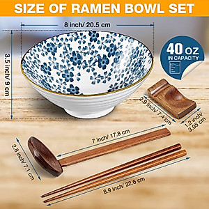 Geiserailie Ceramic Ramen Bowl, 40 oz Japanese Large Noodle Bowls with Spoons, Chopsticks and Chopsticks Stand for Udon, Soba, Pho, Noodles, Ramen, Salad and Soup, Set of 4 (Classic Style)