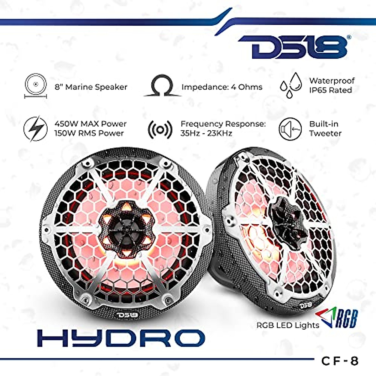 DS18 HYDRO CF-8M - High End Carbon Fibre Coaxial Speaker Pair - 2-Way Marine Speaker w/ Integrated RGB Lights - 450 Watt - 100% UV Stable - Water Resistant Speakers - 8 Inches