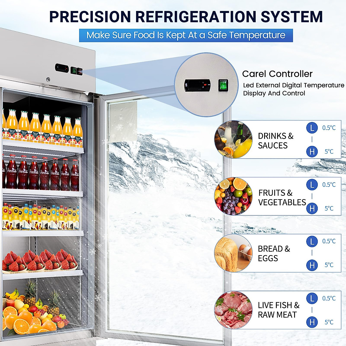 kalifon Commercial Display Refrigerator Merchandiser with 1 Glass Door - 23 Cu.Ft Upright Display Refrigerator with LED Lighting