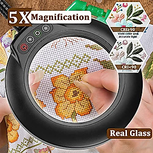 VEEMAGNI 23" Magnifying Glass with Light and Clamp, 5 Color Modes Stepless Dimmable LED Gooseneck Desk Lamp, 5X Real Glass Table Lighted Magnifier Hands Free for Craft Painting Close Work Hobby Sewing