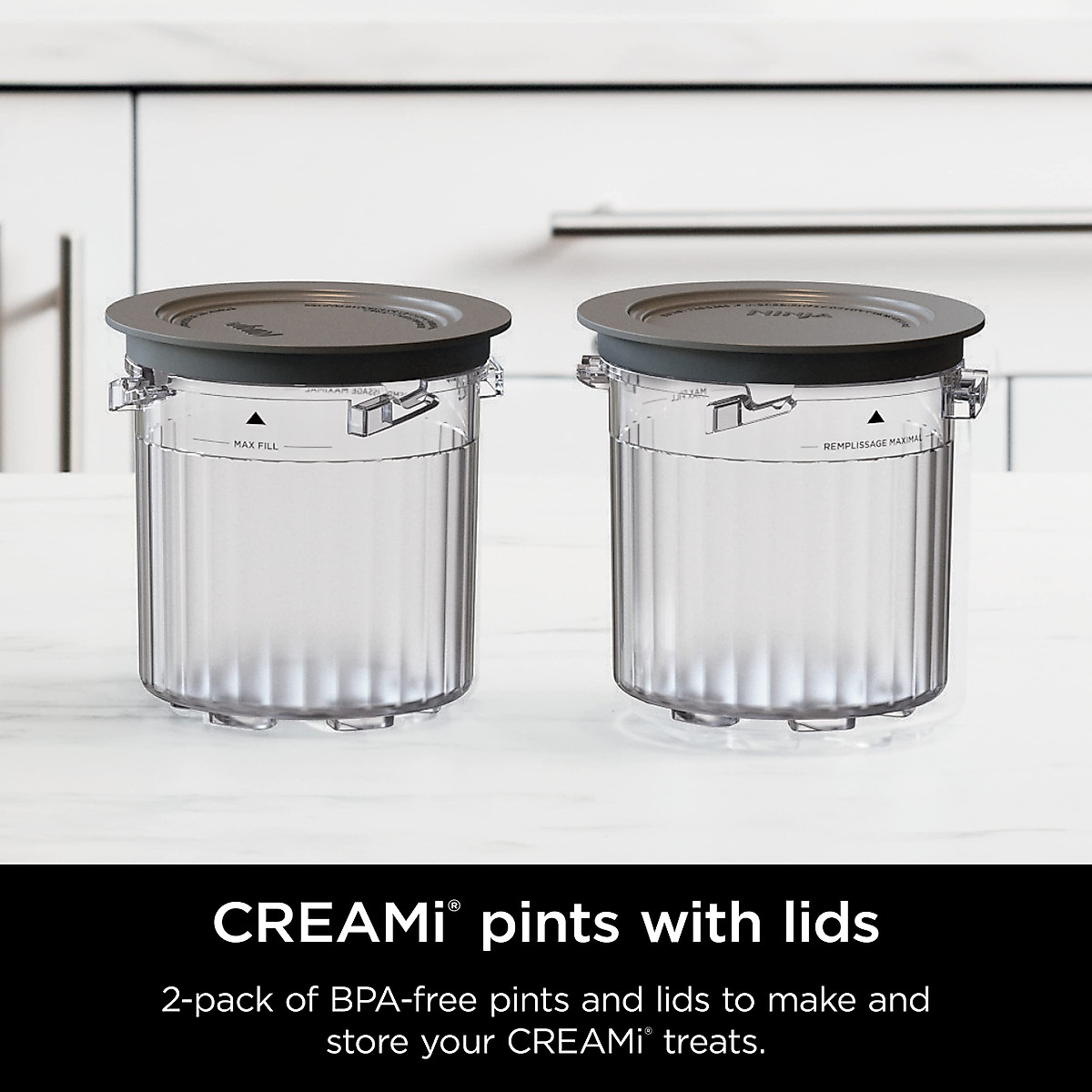 Ninja CREAMi Breeze Pints 2 Pack, Compatible with NC100 & NC200 Series CREAMi Ice Cream Makers, Genuine Ninja Pint, BPA-Free & Dishwasher Safe, Grey Lids, 1 Pint Each, Clear/Grey, XSKNC1PNT2