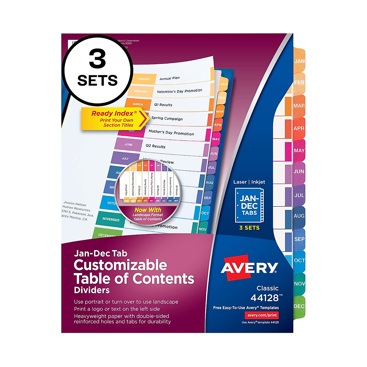Avery Jan-Dec 12 Tab Dividers for 3 Ring Binders, Customizable Table of Contents, Multicolor Tabs, 3 Sets (44128)