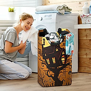 xigua Halloween Mystic Spooky Forest Castle Laundry Hamper, Large Laundry Baskets Foldable Clothes Tote with Handles Storage Bag for Family Dormitory Laundry Bathroom Closet Kids Room