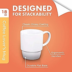 Bruntmor 18 Oz Plain Stacking Coffee Mug Set of 6, Cute 18 Ounce Porcelain Mugcup Set In White, Best Coffee Mug For Your Christmas, Birthday Gift, or DIY Decoration
