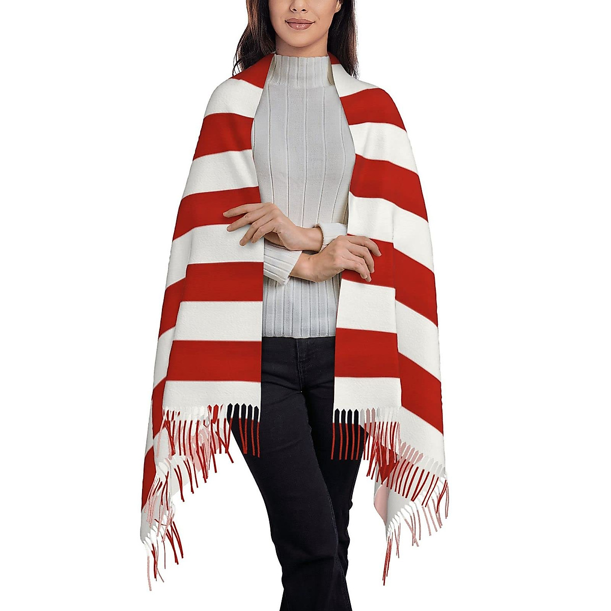 MIGAIUOI Women's Scarf Wraps White and Red Cashmere Feel Scarves With Tassel for Ladies Cold Weather Scarfs Gift
