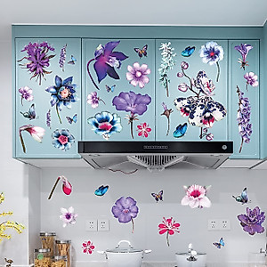 25 Pieces Purple Cluster Flowers Wall Decals Morning Glory Wall Stickers Peony Wall Decal Lotus Wall Sticker DIY Removable Butterfly Decor for TV Background Girls Bedroom Nursery Classroom Living Room