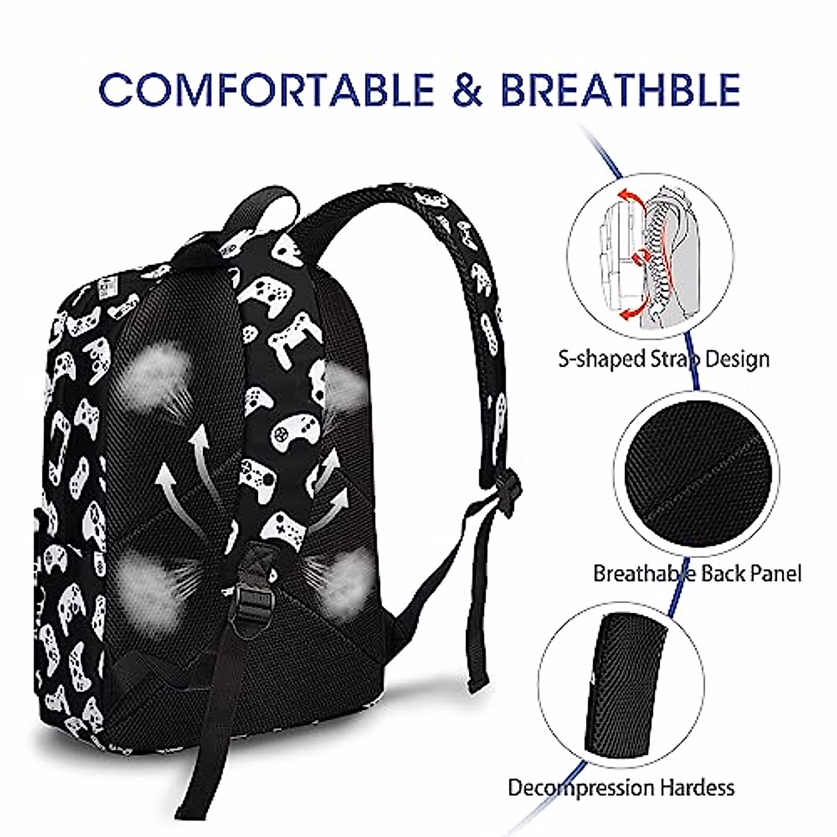 Lightweight Gamer Boys School Backpack, Classic Bassic Bookbag for Middle School Students, Cute Game Patterned Casual Daypack for College, Travel, Work with 15-Inch Laptop Compartment, 17 IN-Black