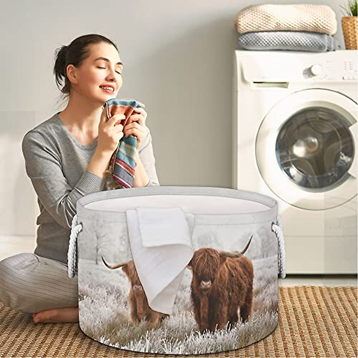 PAYOHTO Large Rope Basket Scottish Highland Cow Decor Baby Stuff Storage Baskets Blanket Clothes Pillows Toys Storage Bin Holder Water Resistant Laundry Hamper Farmhouse Living Room Western Home Decor