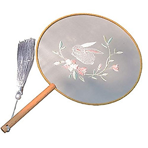 RAZZUM Decorative Folding Fans Handheld Fans Chinese Style Classical Embroidery Silk Round Palace Fan Female Long Handle Ancient Dance Fan for Wall Decoration Gift Hand Fan Fan