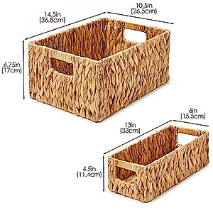 EZOWare Natural Water Hyacinth Baskets, Set of 3 Woven Wicker Rectangular Storage Organizer Bin Boxes with Handles for Closet Toys Clothes Kids Room Nursery - 2 Sizes