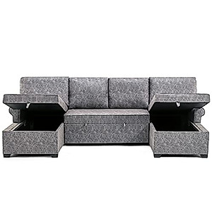 MOEO 108.75" U-Shaped Living Room Sectional Sofa with 2 Chaise Lounges, Large Reversible 6-Seater Couch w/Two USB Port Plug, Storage, Pull Out Bed, Upholstered Nail Head Trim, Grey