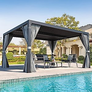 MELLCOM 10x12ft Louvered Pergola with Curtains and Nets, Aluminum Pergola with Adjustable Rainproof Roof, Outdoor Hardtop Pergola for Patio, Backyard, Deck, Dark Gray