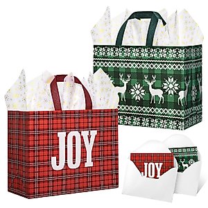 STYPOP 2 Pack 13" Large Christmas Gift Bags with Tissue Paper, Reusable Christmas Tote Bags with Handles, Non-Woven Holiday Gift Bags for Christmas Gift Wrap/Party Favor Supplies, 12.8"*10.2"*6.3"