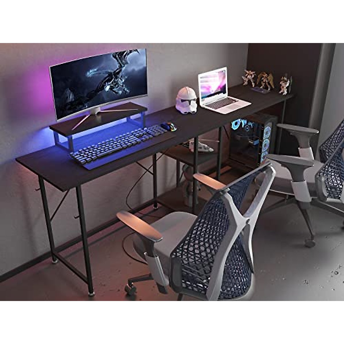 DLIUZ l Shaped Computer Desk with Monitor Stand and Power Outlets,Gaming Desk with Storage Shelf and LED Lights,Home Office Reversible Corner Modern Desk or 2 Person Long Table with Hooks (Black)