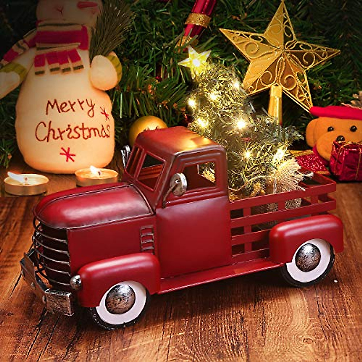 Pylemon Vintage Red Truck Christmas Decor with a Lit-up Removable Christmas Tree Wrapped Around by LED Lights String, Farmhouse Metal Pickup Truck Decor, Great Gift for Holiday Decorations