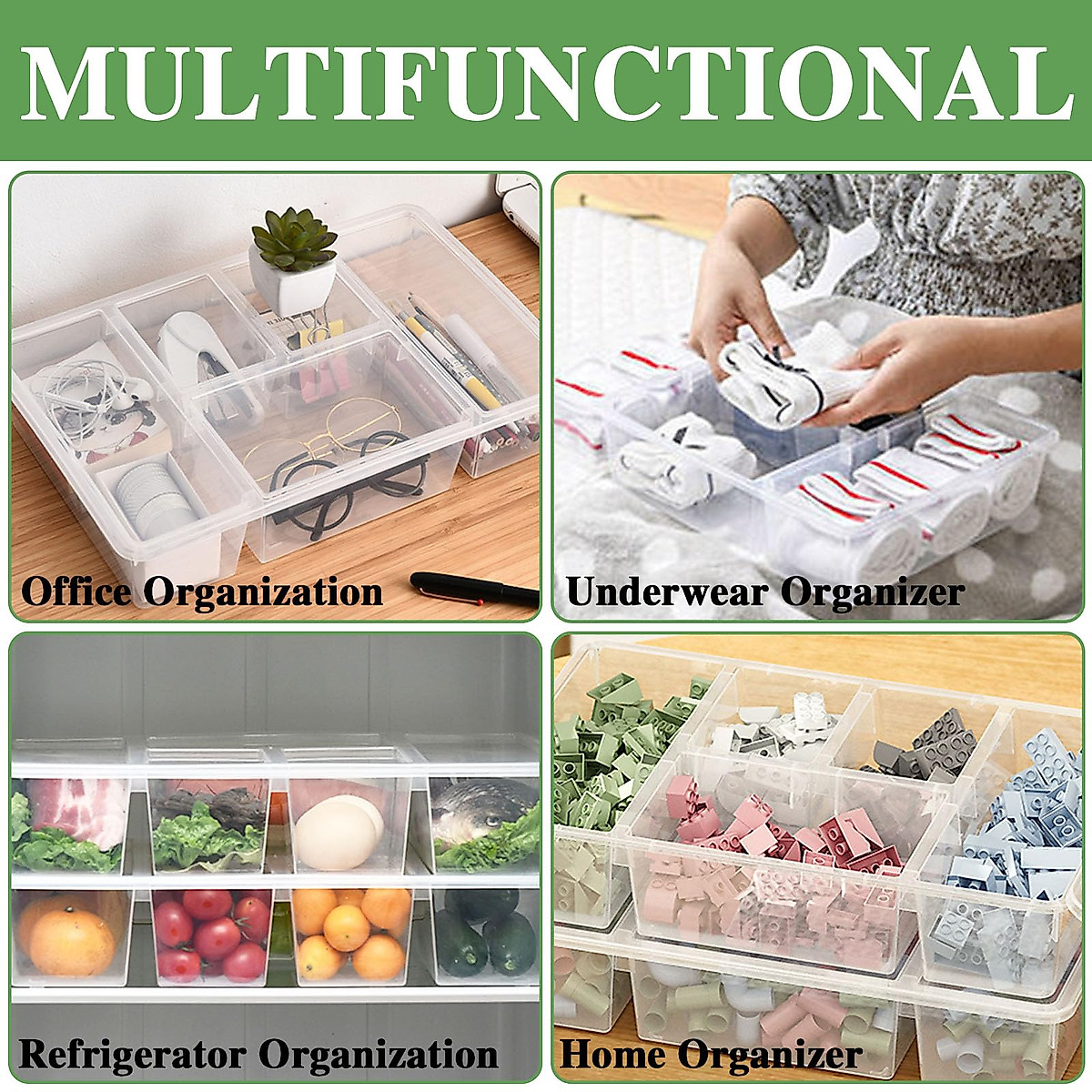 Haawooky 2 Pack Divided Veggie Tray with Lid,5 Compartment Serving Tray with Dividers,Plastic Food Storage Containers for Travel Fruit,Vegetable,Salad