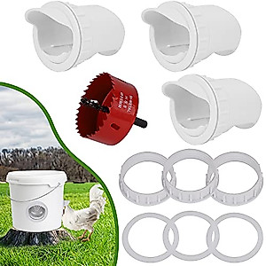 DR.DUDU DIY Automatic Chicken Feeder No Waste, 3 Pcs Poultry Feeder Port with Hole Saw, Rain Proof Rodent Proof Gravity Feed Kits for Buckets, Barrels, Bins, Troughs