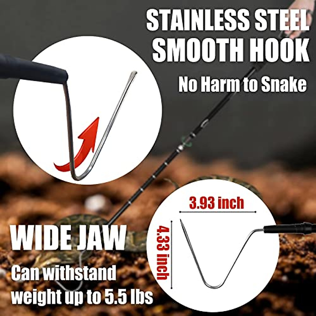 57" Retractable Snake Hook, IC ICLOVER Professional Reptile Grabber Snake Catcher, Aluminum Alloy Telescopping Snake Handling Tool with Stainless Steel Soft Grip, for Catching Controlling Moving Snake