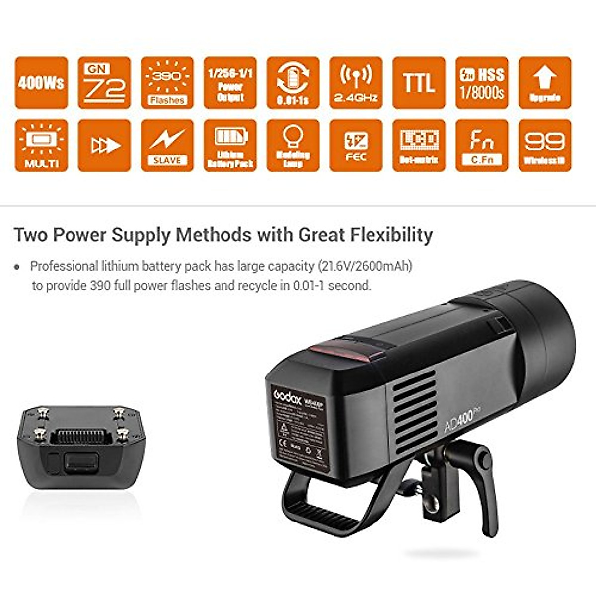 Godox Flash Strobe AD400 Pro AD400Pro All-in-One Outdoor Studio Monolight 400W Photographic Lighting for Canon Sony Nikon Fuji Olympus Panasonic Camera TTL 2.4G HSS GN72-30W LED Modeling Lamp