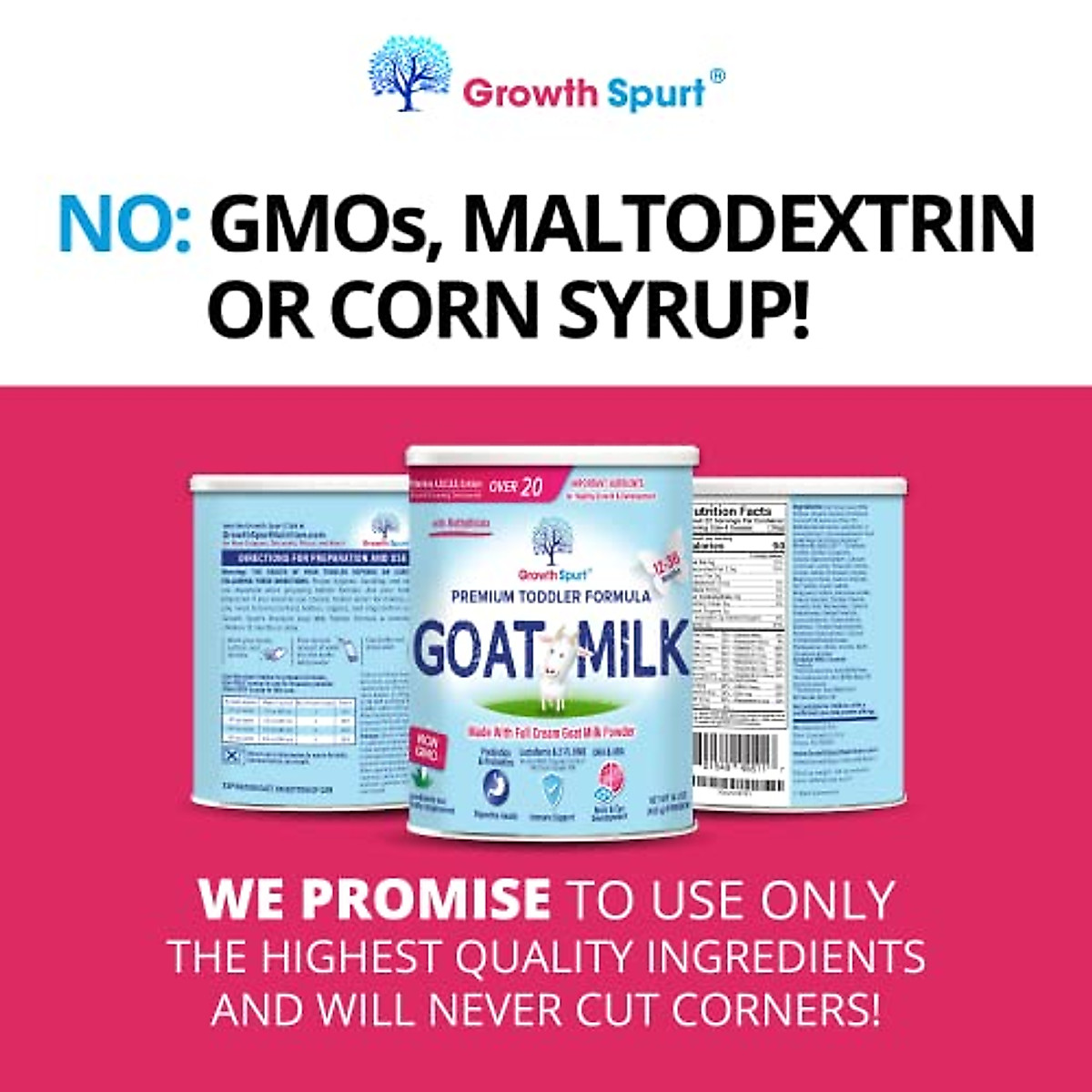 Goat Milk Toddler Formula – Growth Spurt Powdered Goat's Milk Toddler Formula – Lactoferrin, 2'-FL HMO, Prebiotics, Probiotics, Iron, DHA & ARA, Methylfolate, Immune Support, Non GMO Infant Baby Transition Weaning