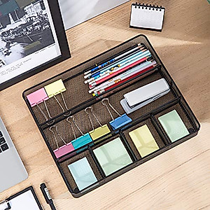 Amazon Basics Desk Drawer Organizer for Office and Home, Metal Mesh, 6 Compartments, Black