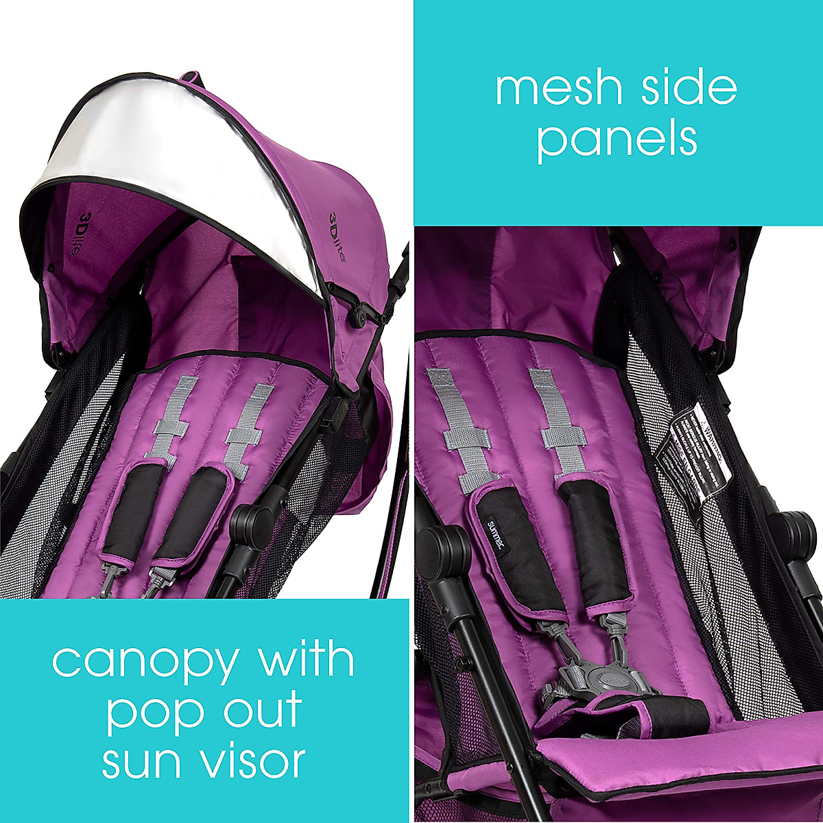 Summer 3Dlite Convenience Stroller, Orchid – Lightweight Stroller with Aluminum Frame, Large Seat Area, Mesh Siding, 4 Position Recline, Extra Large Storage Basket – Infant Stroller for Travel & More