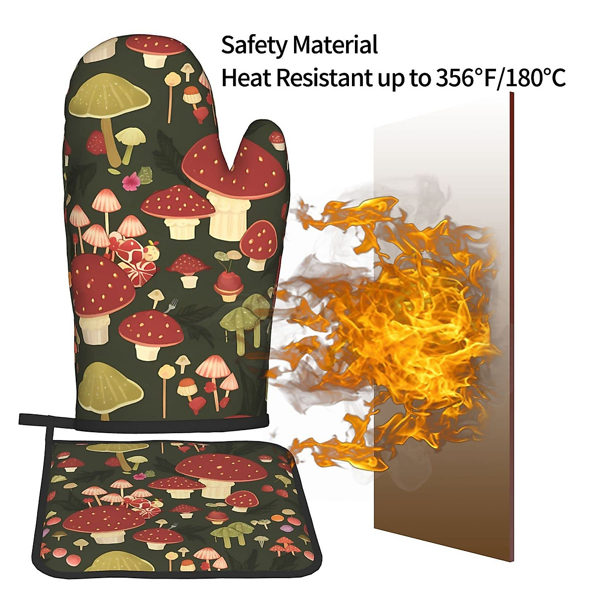 Vintage Mushroom Oven Mitts and Pot Holders Sets of 2, Non-Slip Cooking Hot Pads Washable Heat Resistant for Kitchen Microwave BBQ Baking Grilling