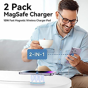 2 Pack Magnetic Wireless Charger 15W Fast Apple Mag-Safe Charger for iPhone 14/13/12 Series Magnet Wireless Charging Pad for AirPods 3/2/Pro Mag Safe Charger with 5ft Dual Charging Port Cable