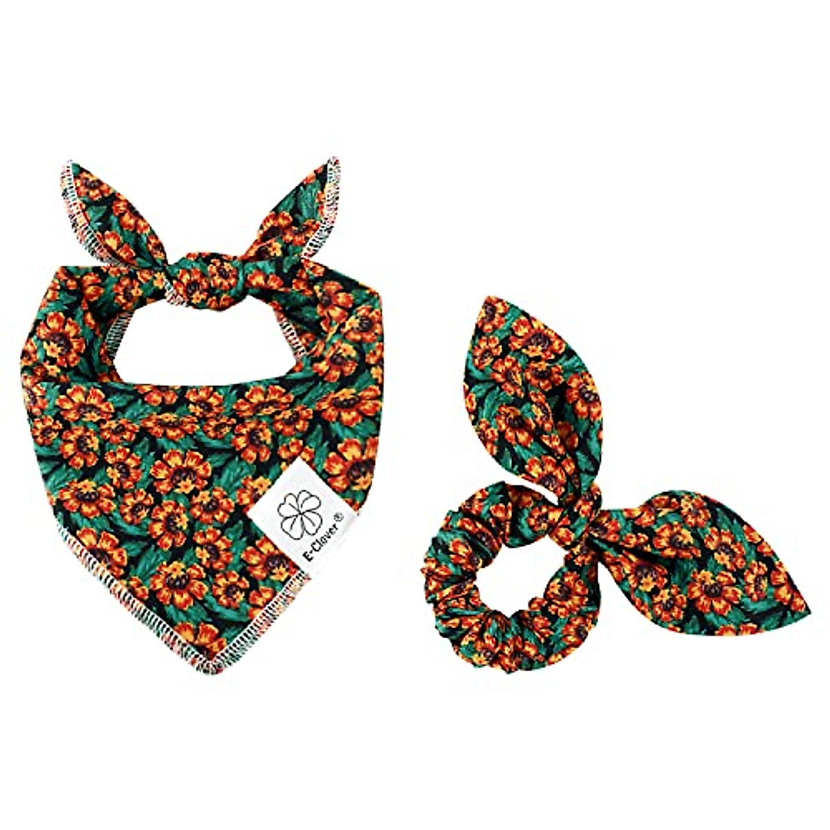 E-Clover Fall Dog Bandana & Matching Scrunchie Set Floral Dog Scarf Bibs with Bow Hair Tie for Small Dogs Puppy Owner Orange Green Gift