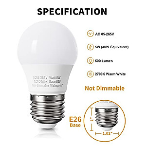 Warm White A15 Appliance Light Bulb, 40W Equivalent, 120V, 2700K, E26 Medium Base, LED Light Bulbs for Refrigerator, Fridge, Freezer, Stove Hood, Range Hood, Waterproof, Shatterproof, Not Dimmable