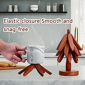 Set of 4 Wooden Trivets Foldable Heat Resistant Pots and Pans Hot Dishes Wooden Mat Kitchen Table Accessories 8" Diameter Like Christmas Tree Shape Set Coasters (Walnut)