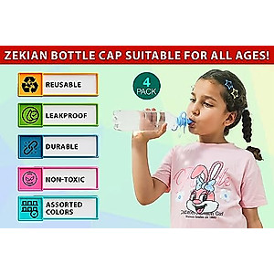 ZEKIAN Baby Water Bottle Cap, Water Bottle Spout, Bottle Top Adapter Replacement for Kids and Adults, Silicone Portable Spill-Proof, Leakproof, Reusable & Compatible with All Bottles, Pack of 4 PCS