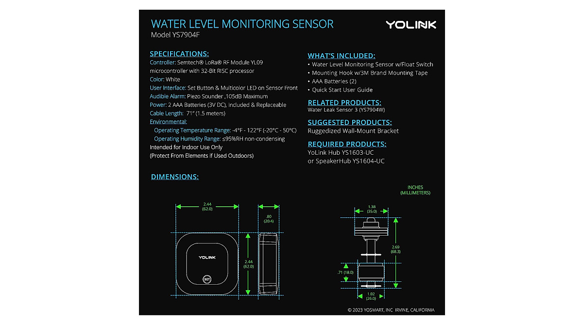 YoLink LoRa Water Level Sensor - Wireless Leak & Pump Alarm